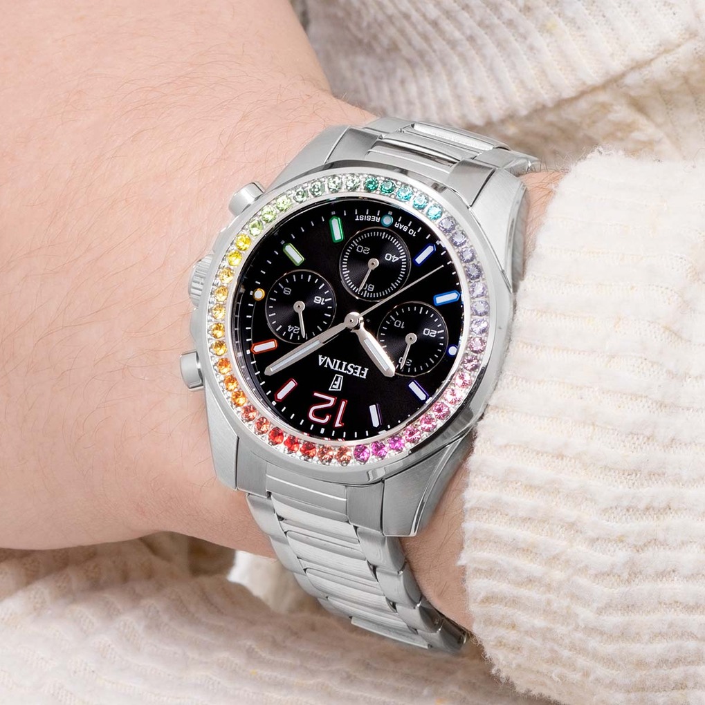 Festina Rainbow watch F20606/3 black with steel strap, women's.
